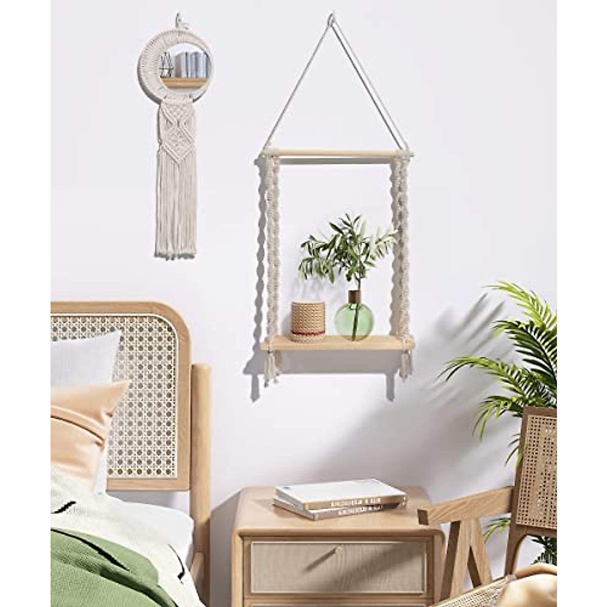 Sonefreiy Macrame Wall Hanging Shelf Boho Rope Shelves with Mirror Dreamcatcher Bohemian Wall Decor for Bedroom, Bathroom, Living Room