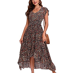 HALCYEEN Floral Printed Wrap Butterfly Sleeve V-Neck Summer Dresses Lace Up High Low Beach Party Midi Dress