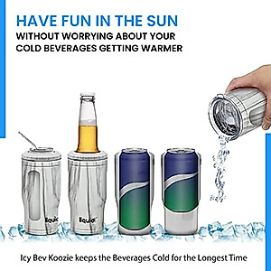 Icy Bev 4 in 1 Can or Bottle Insulator, Koozies to Keep Beer, Soda, Seltzer or More Ice Cold For 12 Hours. Insulated Can Cooler,Works Universally for Glass Bottles and Aluminium Cans,Insulated Tumbler