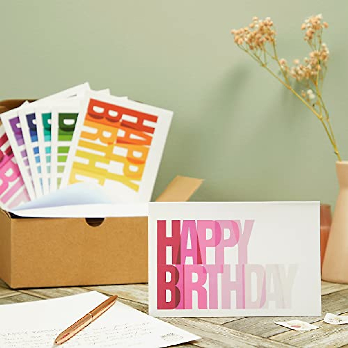Best Paper Greetings 144 Pack Happy Birthday Cards Bulk Box Set with Envelopes for Students, Work, Office, Colorful Ombre Font (6 Designs, 4x6 In)