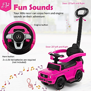 HONEY JOY Push Cars for Toddlers, Mercedes Benz Kids Toy Car w/Push Handle & Detachable Guardrail, Horn & Engine Sound, Seat Storage, Foot-to-Floor Ride On Push Car for Boys Girls(Pink)