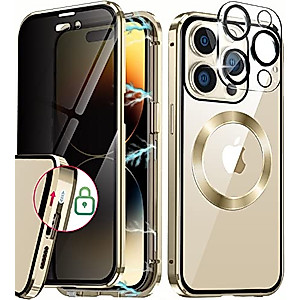 [CD Loop+Safety Lock]Magnetic Case for iPhone 14 Pro Max Case,[Privacy Screen with Camera Lens][Electroplating Metal Bumper]Double Sided 9H Glass Compatible with MagSafe Case for iPhone 14 Pro Max