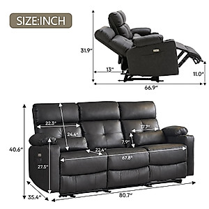 Consofa Power Reclining Sofa with Heat and Massage, Power Reclining Couch with Extended Footrest, Recliner Sofa 3 Seater with USB Ports & Cup Holders for Living Room, Home Theater Seating