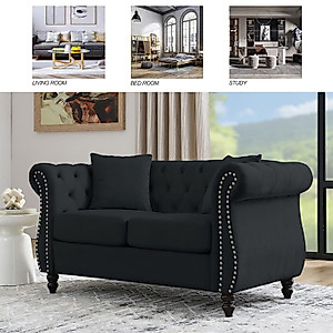 AZSJML 58.8" Chesterfield Loveseat Velvet Sofa for Living Room,Modern Upholstered 2-Seater Couch, Tufted Velvet Casual Sofa Rolled Arms and Nailhead with 2 Pillows for Bedroom, Office, Black