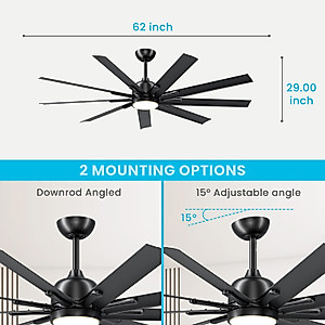 CJOY 62 inch Aluminium Ceiling Fan with Lights, Outdoor Black Ceiling Fan Light with Remote Control, 9 Blades Reversible DC, Dimmable LED Light Fan for Bedroom