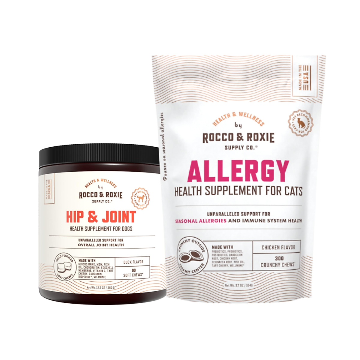 Rocco & Roxie Cat Allergy & Dog Glucosamine Hip & Joint Supplements Bundle
