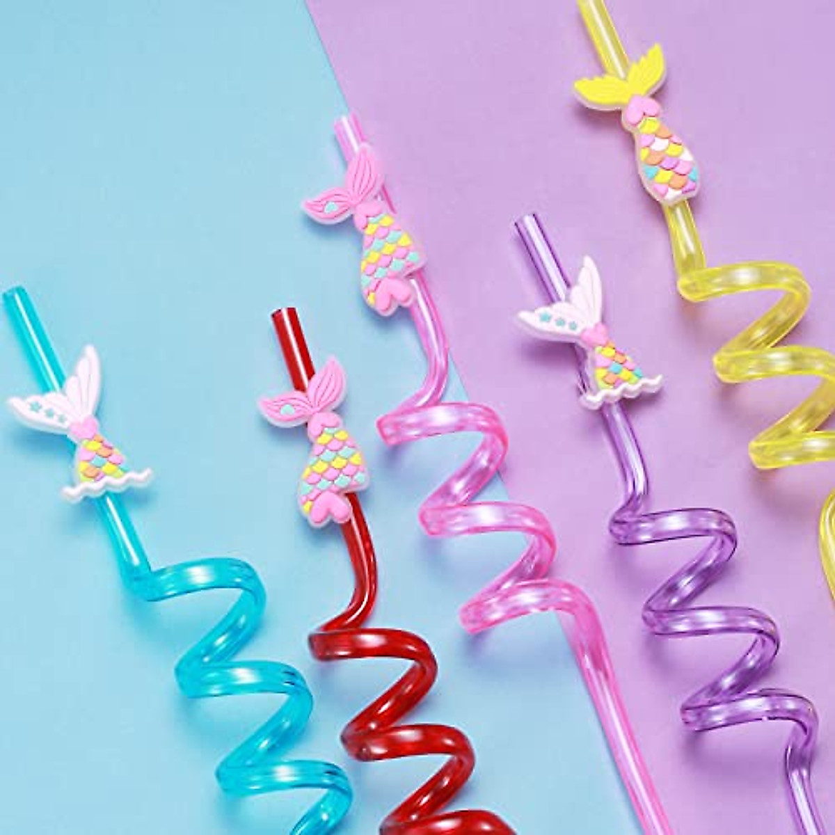 24 Rainbow Mermaid Party Favors Mermaid Tail Drinking Straws for Mermaid Birthday Party Supplies with 2 PCS Straws Cleaning Brush