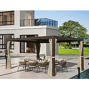 Domi Outdoor Living 12’ x 16’ Louvered Pergola with Adjustable Steel Roof, Outdoor Aluminum Frame Rainproof Pergola for Backyard, Garden and Lawn w/Netting (Dark Brown)