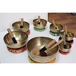 Devyom Handmade Crown 7 Chatra Tibetan Singing Bowl Meditation Healing Bowl With Mallet And Silk Cushion SET OF 7 BOWL