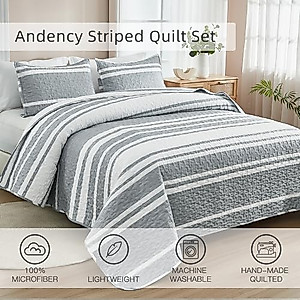 Andency California King Quilt Set Grey White (112x104 Inch), 3 Pieces (1 Cal King Patchwork Striped Printed Quilt and 2 Pillowcases), Soft Lightweight Reversible Microfiber Bedspread Coverlet Bedding