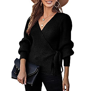 Saodimallsu Womens V Neck Wrap Sweater Loose Batwing Long Sleeve Sexy Pullover Sweaters Tie Ribbed Knit Jumper Tops Black