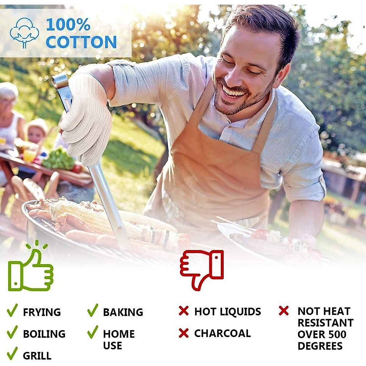 Heat Resistant Gloves Oven Gloves Heat Resistant with Fingers Oven Mitts Kitchen Pot Holders Cotton Gloves Kitchen Gloves Double Oven Gloves with Fingers White 1 Pair