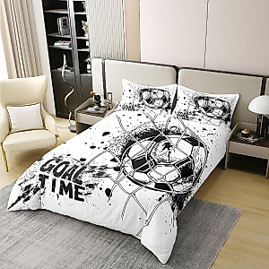 Kids Football 100% Cotton Comforter Cover Twin Size American Soccer Bedding Set Sports Games Duvet Cover For Boys Girls Children Teens Geometric Polygon Quilt Cover For Bedroom, Black White