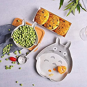 Ceramic Grey Cartoon Plate Bowl Set Hand-Painted Anime Character Dinnerware for Kids Cute Non-slip Dish Sets (Set of Bowl, Plate, Spoon)