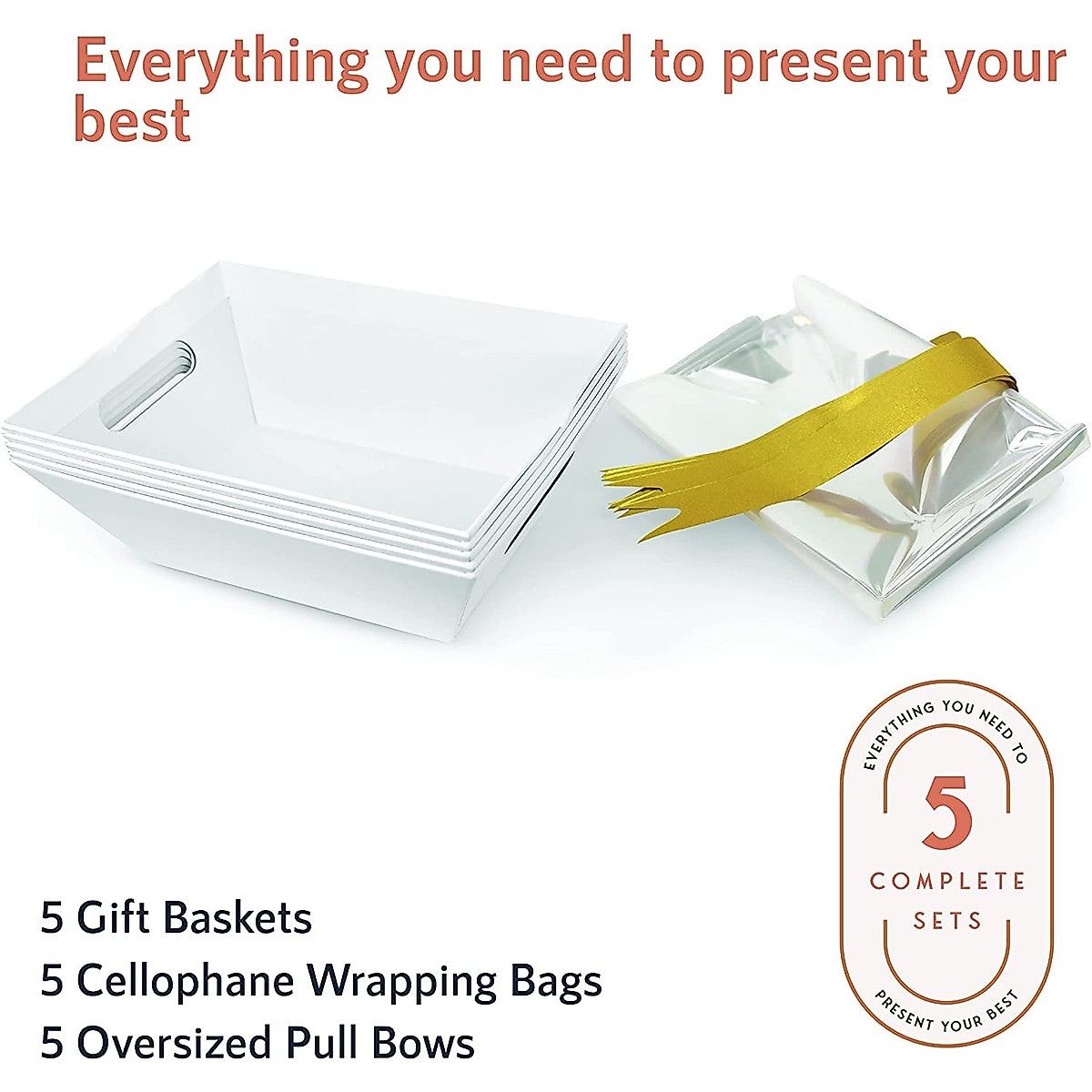 [5 Pk] Large White Baskets for Gifts Empty to Fill, Large Basket Bags, Gold Pull Bows | Wine Gift Basket Kit | DIY for Christmas, Easter, Bridesmaid, Wedding | Gift to Impress- Upper Midland Products