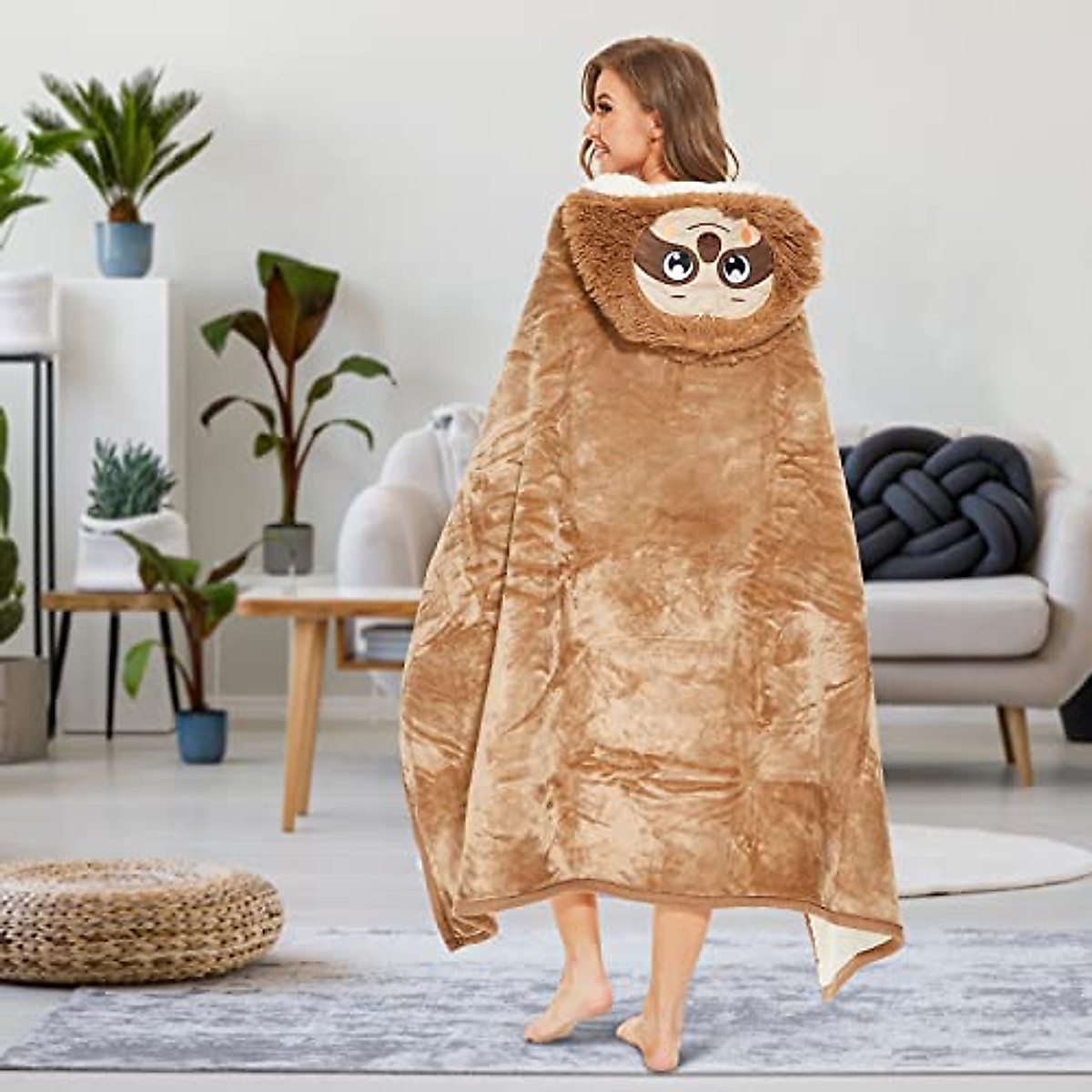 THREE POODLE Sloth Wearable Hooded Blanket Sloth Gifts for Adults Women Kids, Warm and Cozy Wearable Sloth Blanket Hoodie, Premium Sloth Bedding Sloth Throws