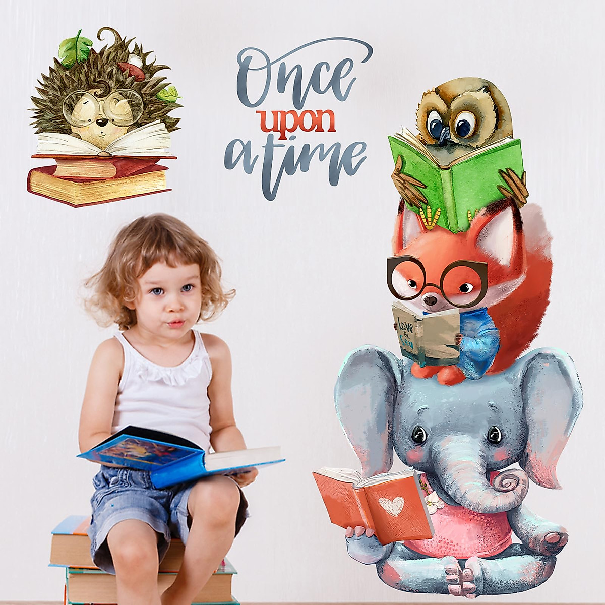 Mfault Once Upon a Time Reading Animals Wall Decals Stickers, Motivational Fox Elephant Owl Hedgehog Reading Books Nursery Decoration Classroom Bedroom Art, Kids Toddlers Study Room Library Decor