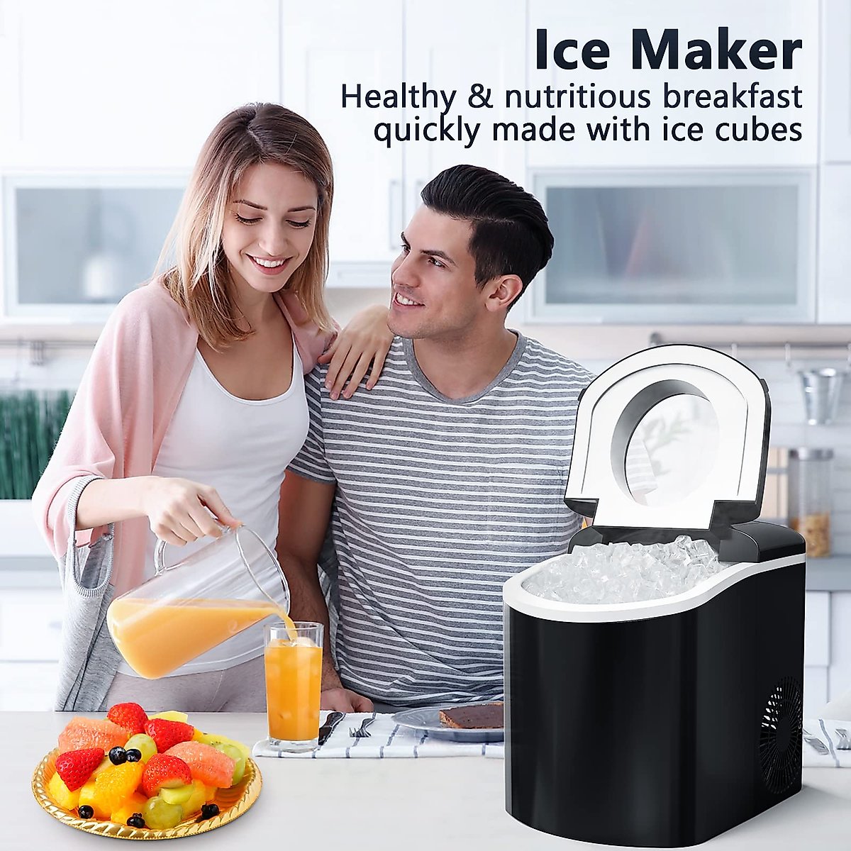 Ice Maker Machine for Countertop - Portable Ice Cube Maker delivers 24 Ice Cubes in 15 Min, 33Lbs/24H, Self-Cleaning, Ice Scoop & Basket, LCD Display, Visible Window, for Home Use/Party/Camping, Black