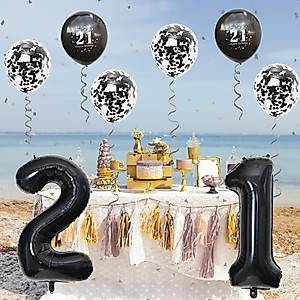 21st Birthday Balloons Black, 21st Birthday Decorations for Him with Large Number 21 Foil Balloon Birthday Confetti Balloons Metallic Black Latex Balloons for Her Girls Boys 21 Years Old Bday Decor