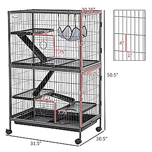 PawHut 50" H 5-Tier Small Animal Cage, Ferret Cage, Large Chinchilla Cage with Hammock Accessory Heavy-Duty Steel Wire, Small Animal Habitat with 4 Doors, Removable Tray
