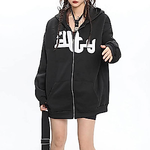 GAI Y2K Full Zip Up Hoodie Women Men Skeleton Skull Gothic Grunge Oversized Aesthetic Sweatshirts Emo Alt Jacket Clothes (M,2-Black)