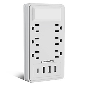 Outlet Extender multiport，Surge Protector Power Strip with Warm nightlight，USB C Wall Charger with 6 Electric Outlet , USB Multi Plug，Outlet Splitter for Home，Office，Dorm，Bathroom