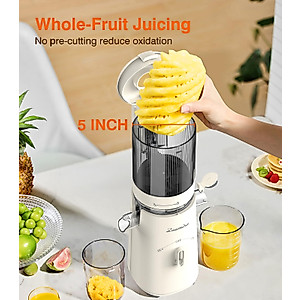 Cold Press Juicer, Updated Masticating Juicer Machines with 5" Feeding Chute Fit Whole Fruits &Vegetables, 99.6% Juice Purity, Streamlined Parts Easier to Clean/1.5L Capacity/2 Cups Included