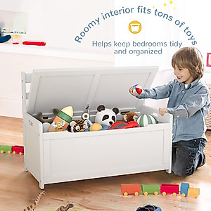 Curipeer Kids Toy Box Chest, White Rubber Wood Toy Box for Boys Girls, Large Storage Cabinet with Cushion Seat Bench/Flip-Top Lid/Safety Hinge, Toy Storage Organizer Trunk for Nursery, Playroom
