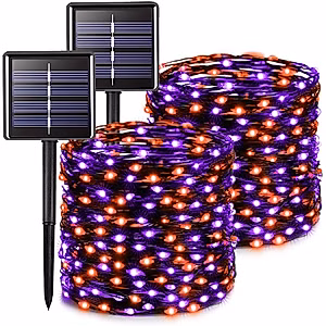 JMEXSUSS 66ft 200 LED Orange Purple Halloween Lights,2 Pack Solar Halloween String Lights, Outdoor Waterproof, 8 Modes Solar Fairy Lights for Garden Party Decorations