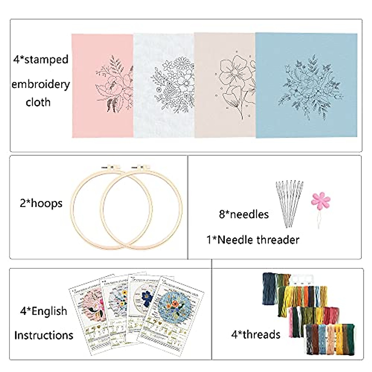Myfelicity 4 Sets of Embroidery Starter Kits, Adult Women’s Hobbies, Including Cloth with Floral Patterns, Colored Threads, Needles, Hoops and Instructions