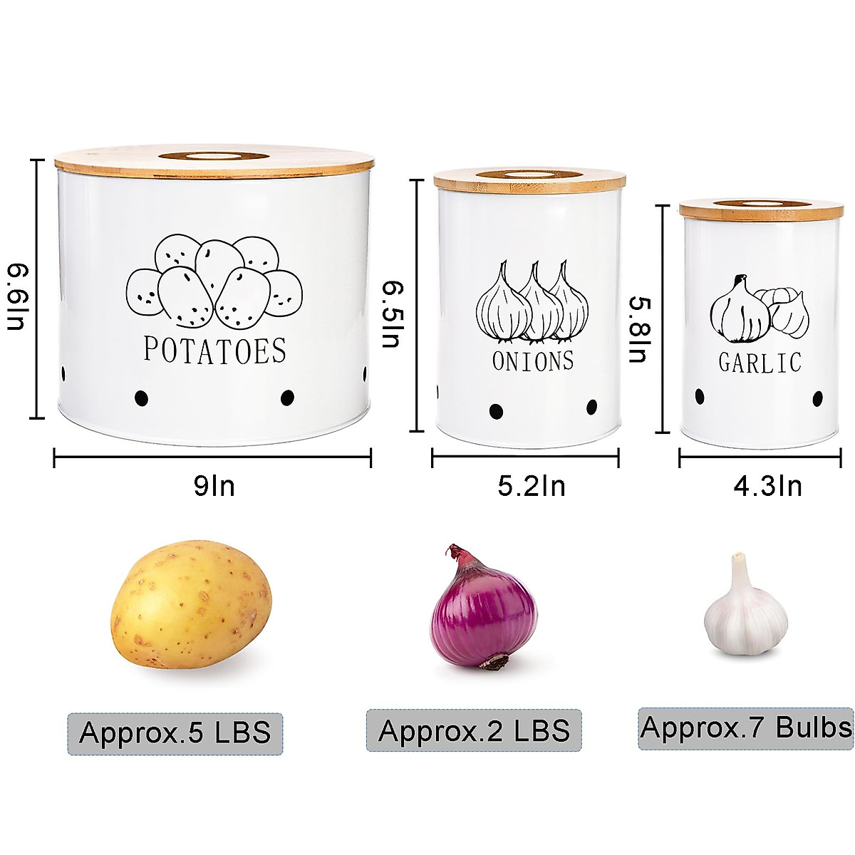 WUWEOT 3 Pack Vegetable Storage Tins, Round Metal Potato Onion Garlic Storage Bins, Farmhouse White Kitchen Canisters Vegetable Fresh Keeper Set with Bamboo Lids and Aerating Holes