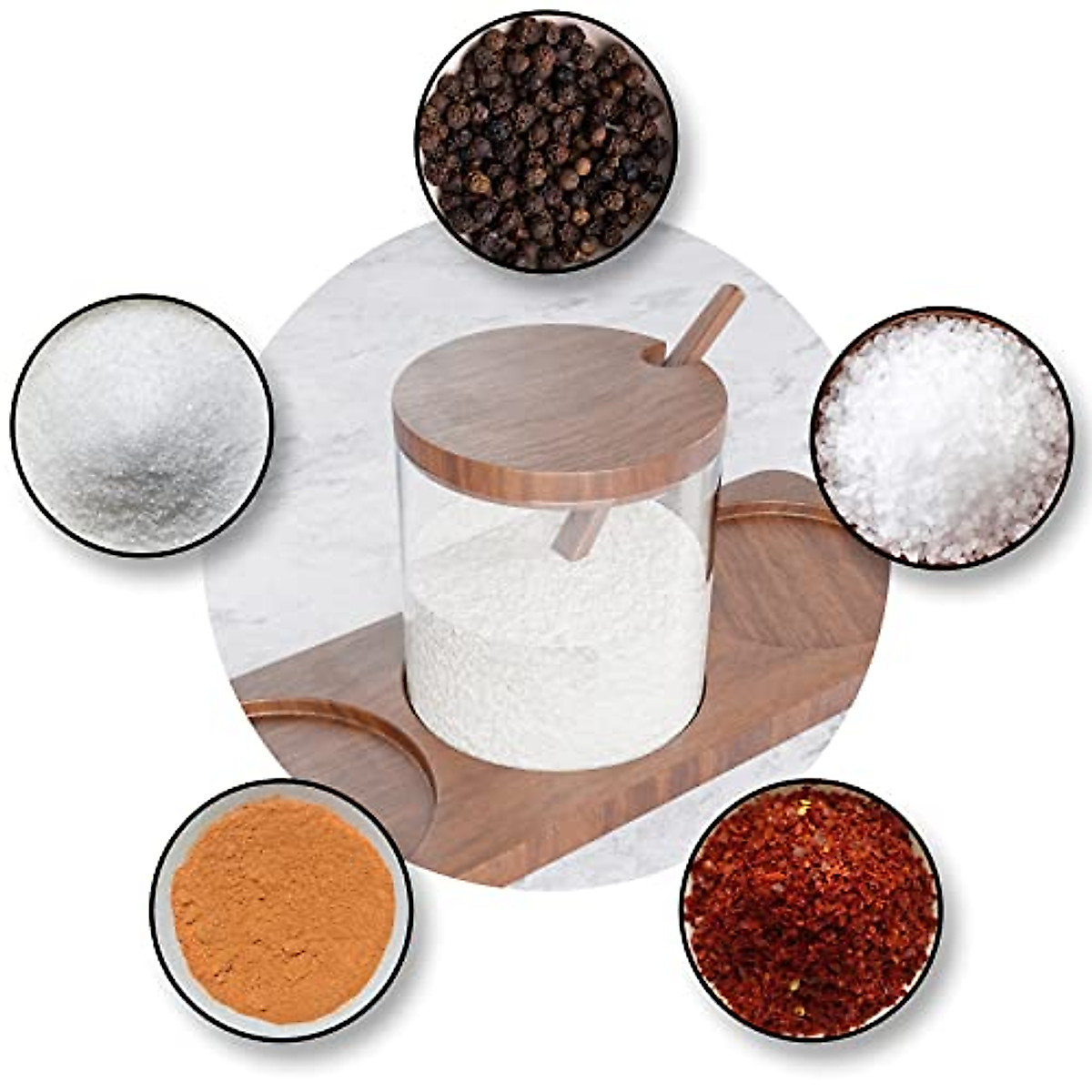 Essos Square Glass and Wood Condiment 3 pc Jars Set with spoon Tray Sugar Food Storage Containers with Wood Lids and Wooden Spoon for Coffee Spice Storage Container