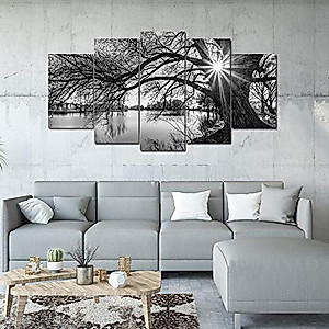 sechars - 5 Pieces Wall Art Old Tree by Lake Picture Canvas Prints Sunrise Painting Black and White Landscape Canvas Art Modern Wall Decoration Framed and Ready to Hang