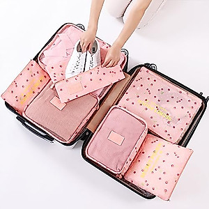 Laebevon 7 Set Packing Cubes with Shoe Bag - Travel Luggage Organizer, Pink Cherry