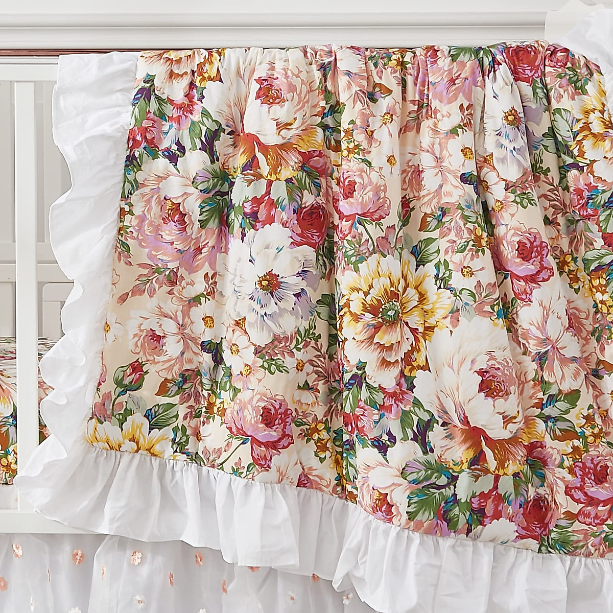 Brandream Crib Bedding Sets for Girls | 3-Piece Cotton Nursery Baby Bedding Set | Shimmering Floral Comforter, Crib Sheet, Embroidered Flowers Tulle Lace Crib Bed Skirt, Blush Pink