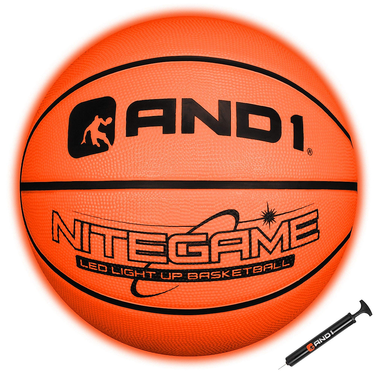 AND1 Nitegame LED Light Up Basketball - Impact Activated Glow in The Dark Basketball - Regulation Size 7 (29.5 inches), for Outdoor or Indoor Basketball, Sold Deflated, Comes in Black or Orange