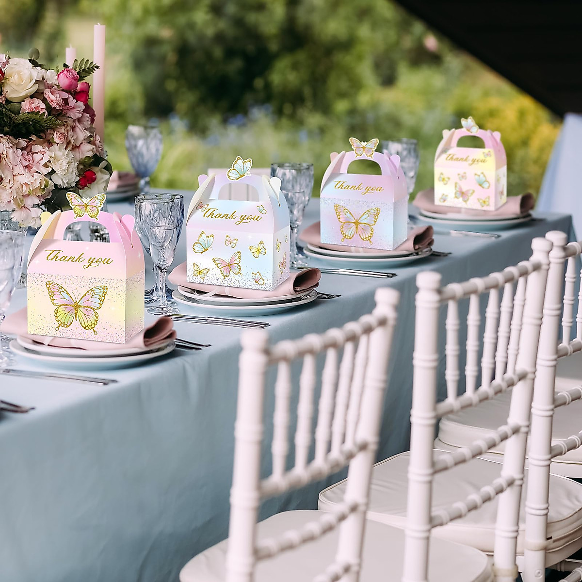 Nezyo 24 Pcs Butterfly Party Favor Treat Boxes, Pink and Purple Butterfly Floral Goodie Gable Candy Box Paper Gift Box for Birthday Party Supplies Baby Shower Wedding Party (Vivid Style, 24 Pcs)