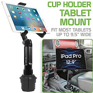 Car Tablet Mount with a Cup Holder Base Compatible for Apple iPad, iPad Pro, iPad Air, iPad Mini, Samsung Galaxy Tablet, Google Pixel Tablet, Amazon Kindle Fire and Smartphones