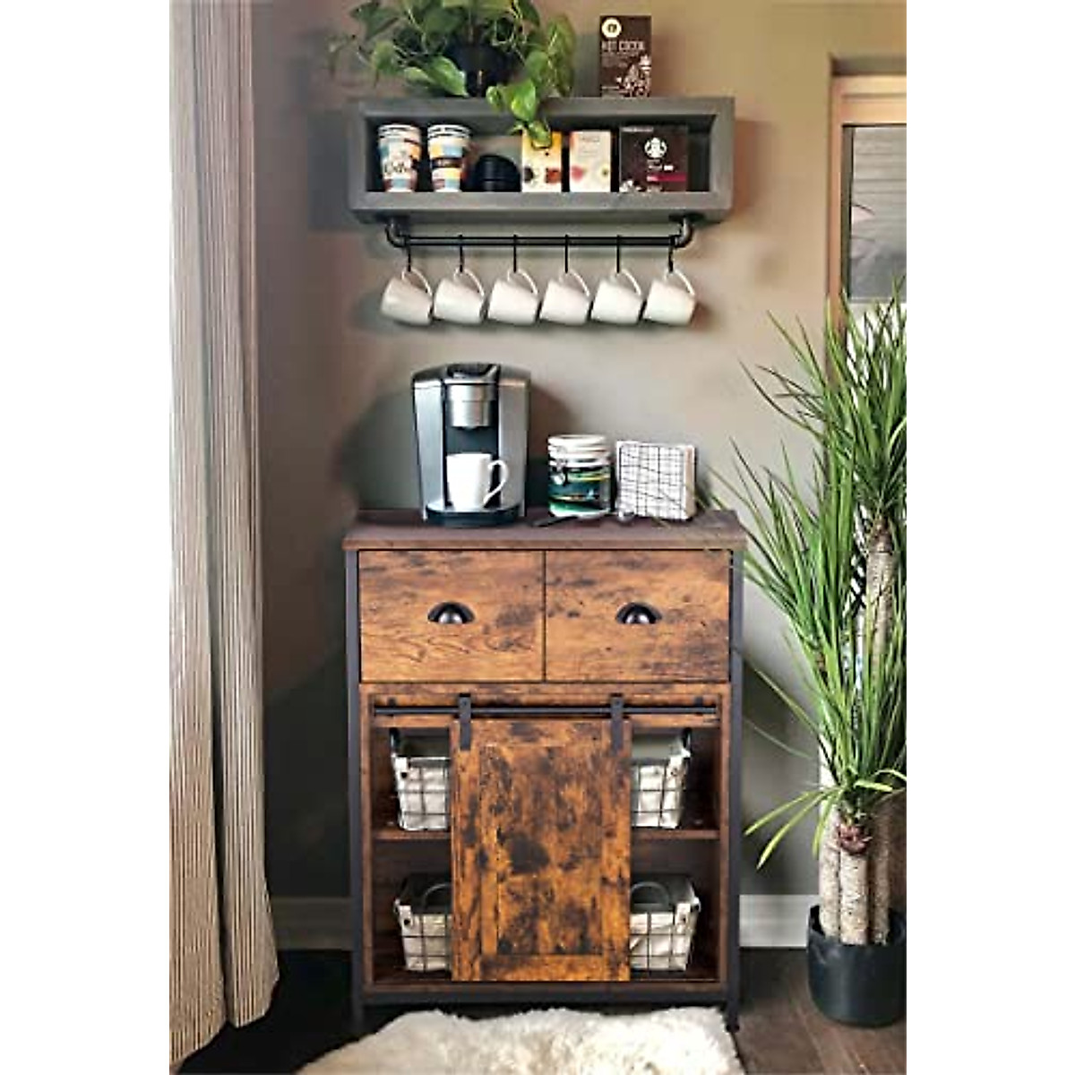 MAISON ARTS Industrial Coffee Bar Cabinet - Sideboard Buffet with 2 Drawers&Sliding Barn Door, Storage Cabinet for Kitchen Dining Room Living Room