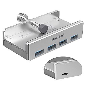 Powered USB Hub 3.0 – Rekidm USB Hub with Extra Power Supply Port, Aluminum Clamp for Desktop, Computer, PC, Table Edge with Durable Adjustable Clip, Compact Space-Saving Mountable USB Hub (Silver)
