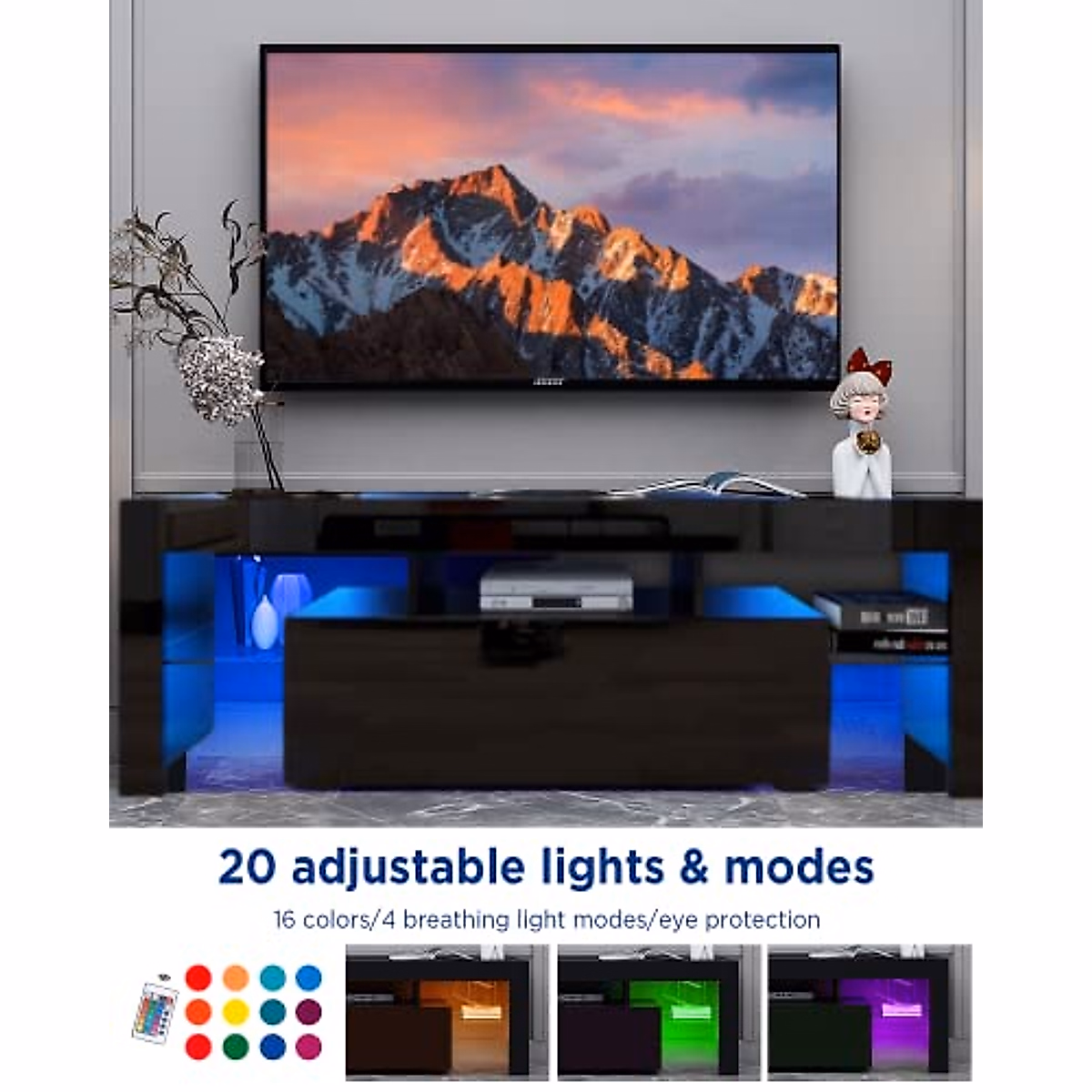 LED TV Stand for 70 Inch TV, Entertainment Center with Storage, Tall Black Modern 65 60 55 50 Stands Living Room