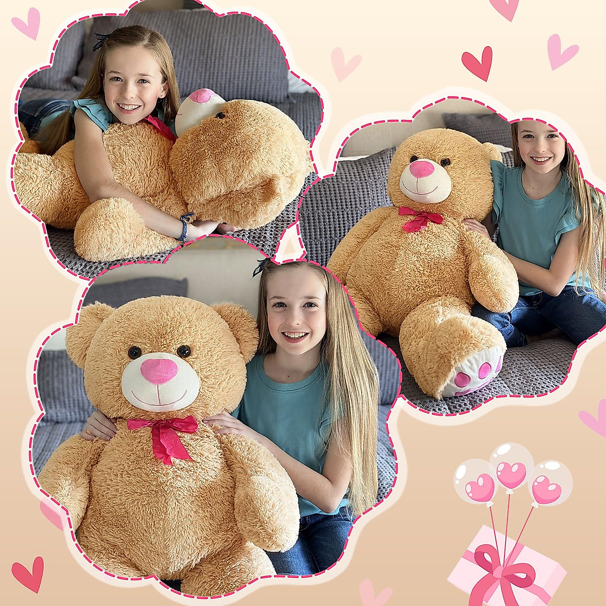 Tezituor Big Teddy Bear Stuffed Animal, Giant Teddy Bear with Pink Love for Girlfriend Boyfriend Kid, Large Stuffed Bear Plush for Valentines Day/Birthday/Baby Shower, 36 inches Tan