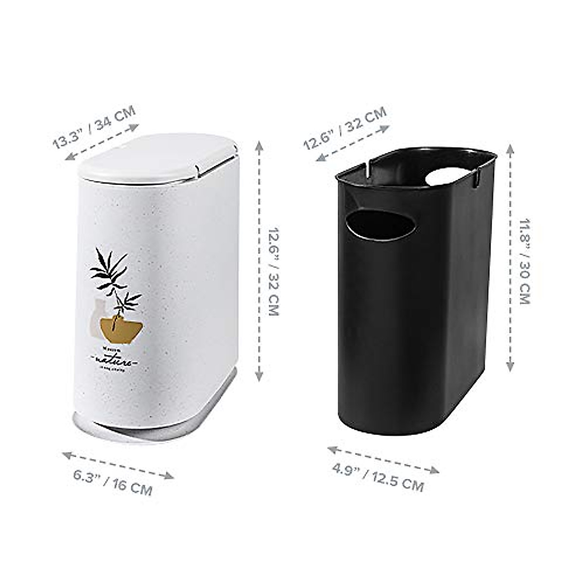 3.2Gal/12.1L Oval Slim Trash Can - Nordic Style Garbage Can with Lid - White Plastic Trash Can w/ Press Top White Lid - Space Saving Kitchen Trash Can w/ Double Barrel Removable Plastic Bin Liner