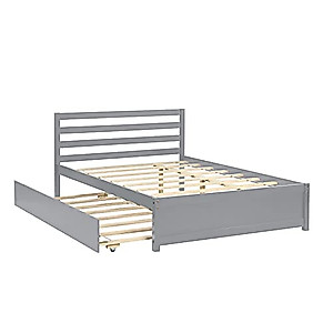 Full Size Bed with Trundle , Solid Wood Full Platform Bed with Pull Out Trundle Bed for Kids Girls Boys ,No Box Spring Needed