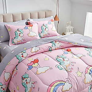 UOZZI BEDDING Kids Girls Bed in a Bag 7 Pieces Queen Size Unicorn Pink Comforter Set - (1 Soft Microfiber, Reversible Comforter, 2 Pillow Shams, 1 Flat Sheet, 1 Fitted Sheet, 2 Pillowcases)