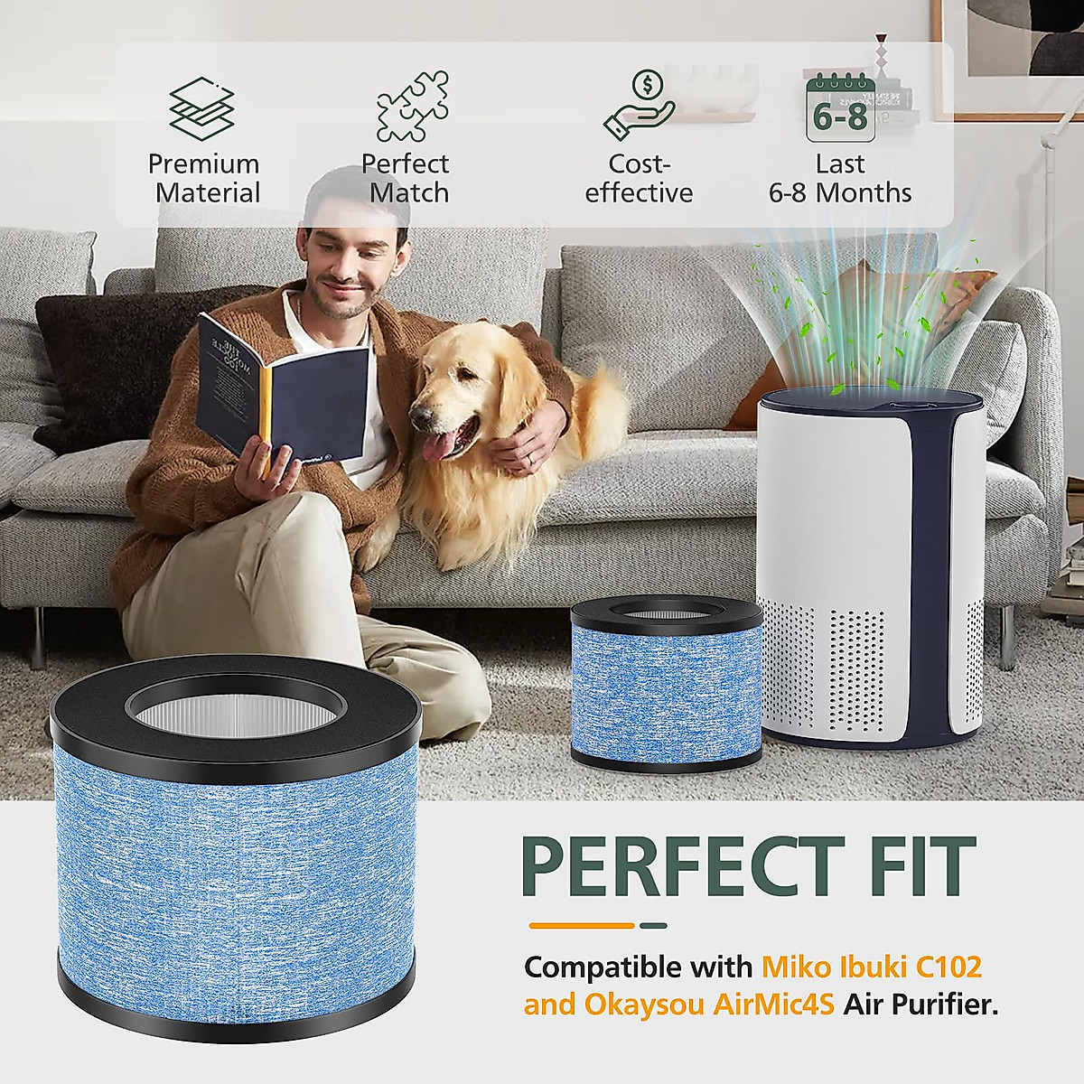 2 Pack C102 True HEPA Air Filter MA-01CW Replacement Filter Compatible with Miko Ibuki & Ibuki+ Air Purifi-er, MA-18 and Okaysou AirMic4S Air Purifi-er