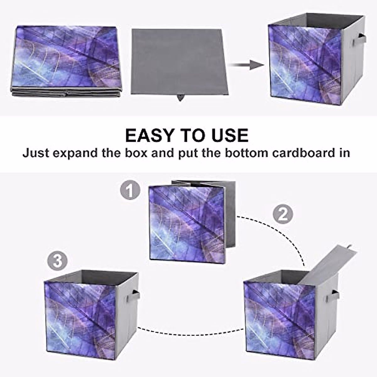 Purple Leaves Foldable Storage Bins Printd Fabric Cube Baskets Boxes with Handles for Clothes Toys, 11x11x11