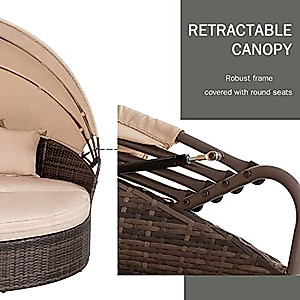 Patiomore Patio Round Daybed with Retractable Canopy, Clamshell Sectional Seating Brown Wicker Outdoor Furniture with Washable Cushions for Patio Backyard Porch Pool