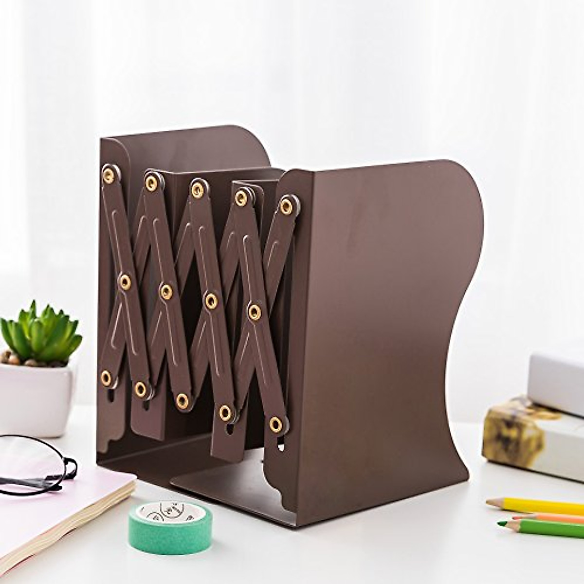 JIARI Simple Nature Style Brown Decorative Metal Iron Bookends Holder Stand Desk Nonskid Adjustable Bookend (Brown)