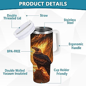 Slewiaeky Tumbler with Handle 40 oz America Hawk Bird Cicada Travel Mug with Lid and Straw Stainless Steel Vacuum Insulated Water Bottle Cup for Iced Tea Coffee Cold Beverages Cup Holder Friendly